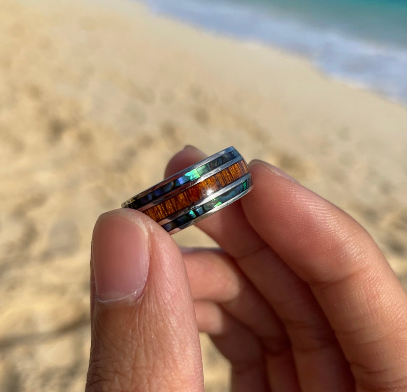 Natural Abalone and Koa Wood Ring Stainless Steel Tarnish - Etsy