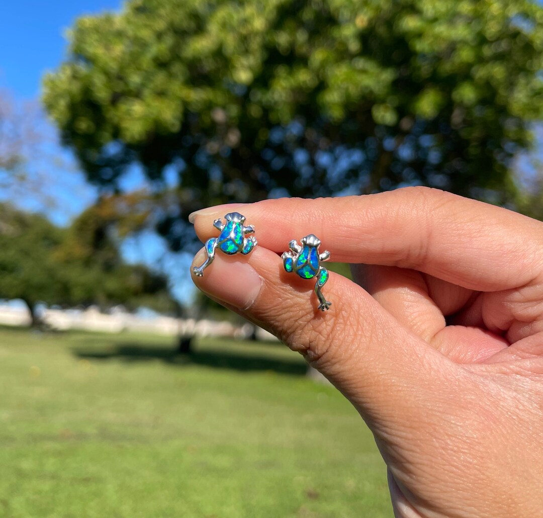 Blue Fire Opal Lucky Frog Earrings - 925 Sterling Silver, Studs, Hypoallergenic, Nature-inspired ...