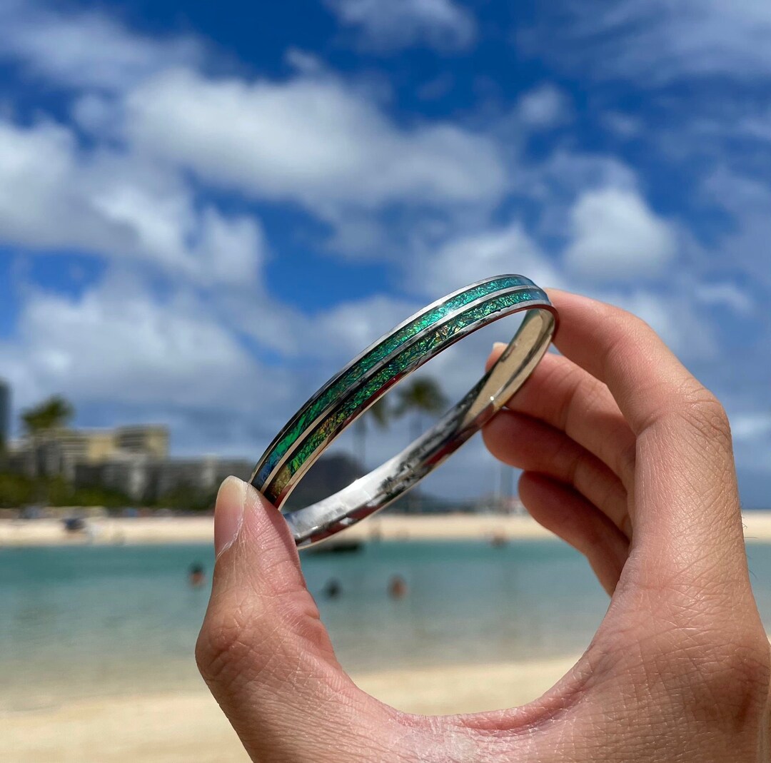 Blue Resin Inlay Stainless Steel Bangle - Island Inspired, Elegant and ...