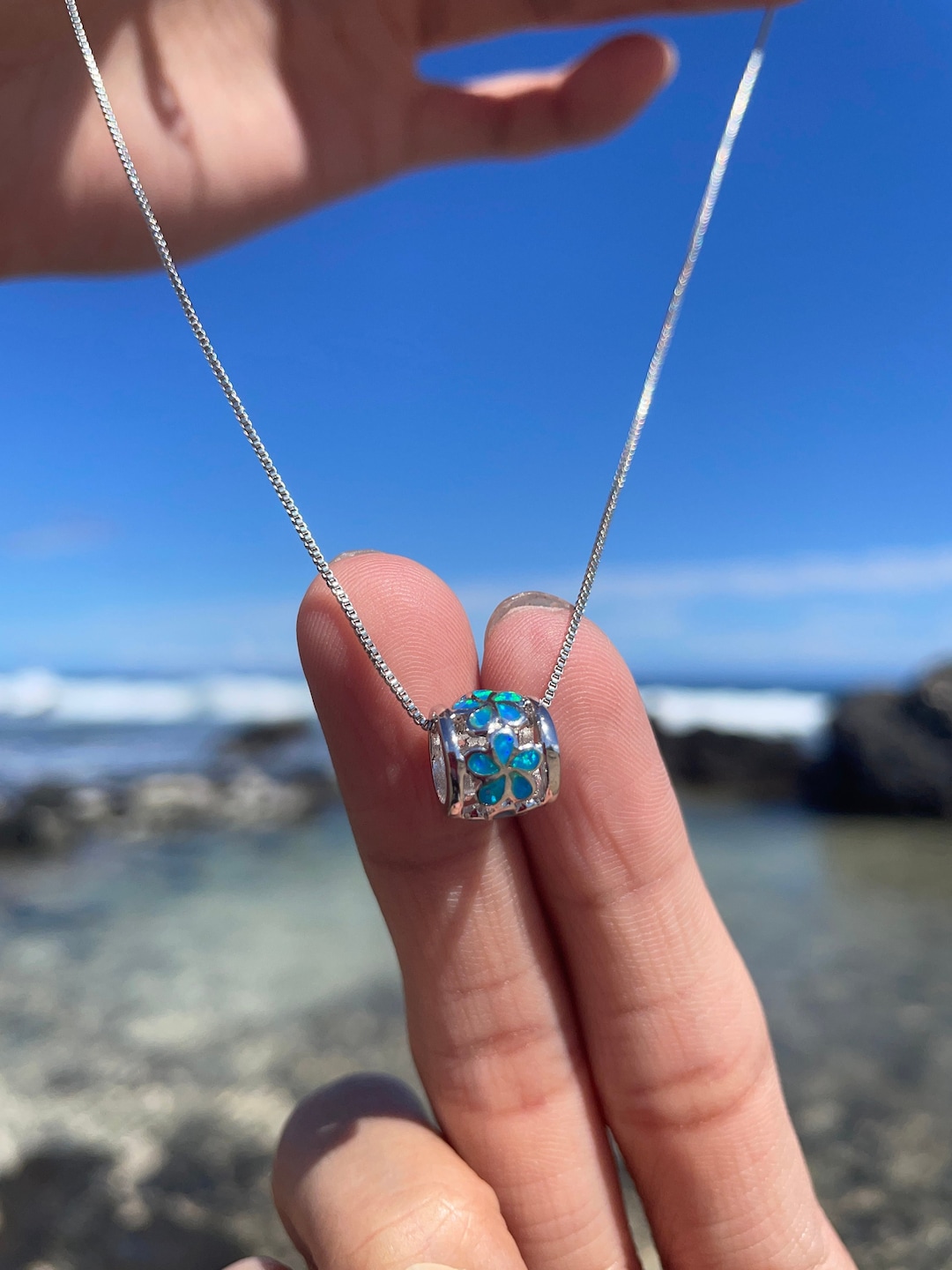 Blue Opal Flower Barrel Necklace - 925 Sterling Silver Ocean Inspired ...