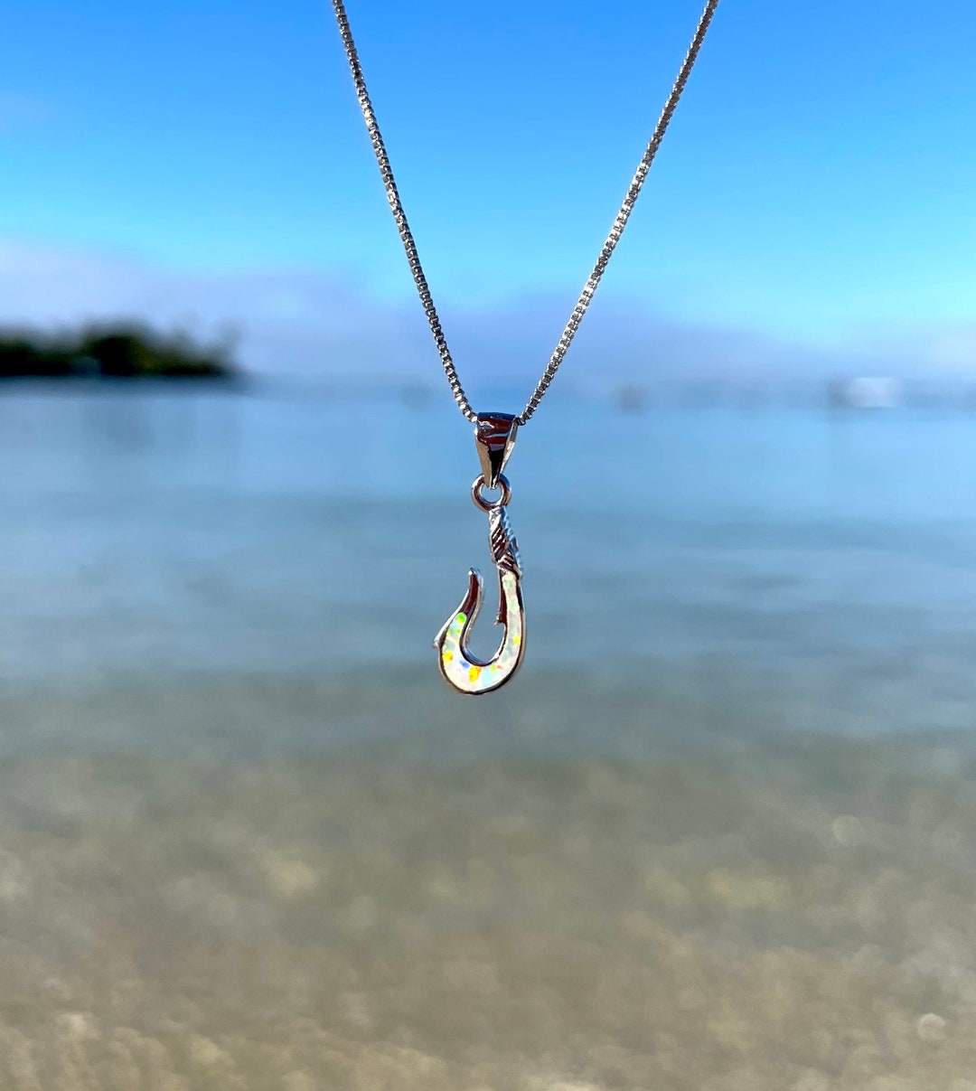 Fish Hook Necklace - 925 Sterling Silver Simple White Fire Opal Fish ...