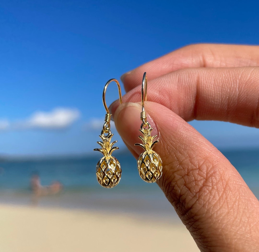 Gold Pineapple Earrings, Gold Pineapple Dangling Earrings, Solid 925 Sterling Silver, Gifts for ...