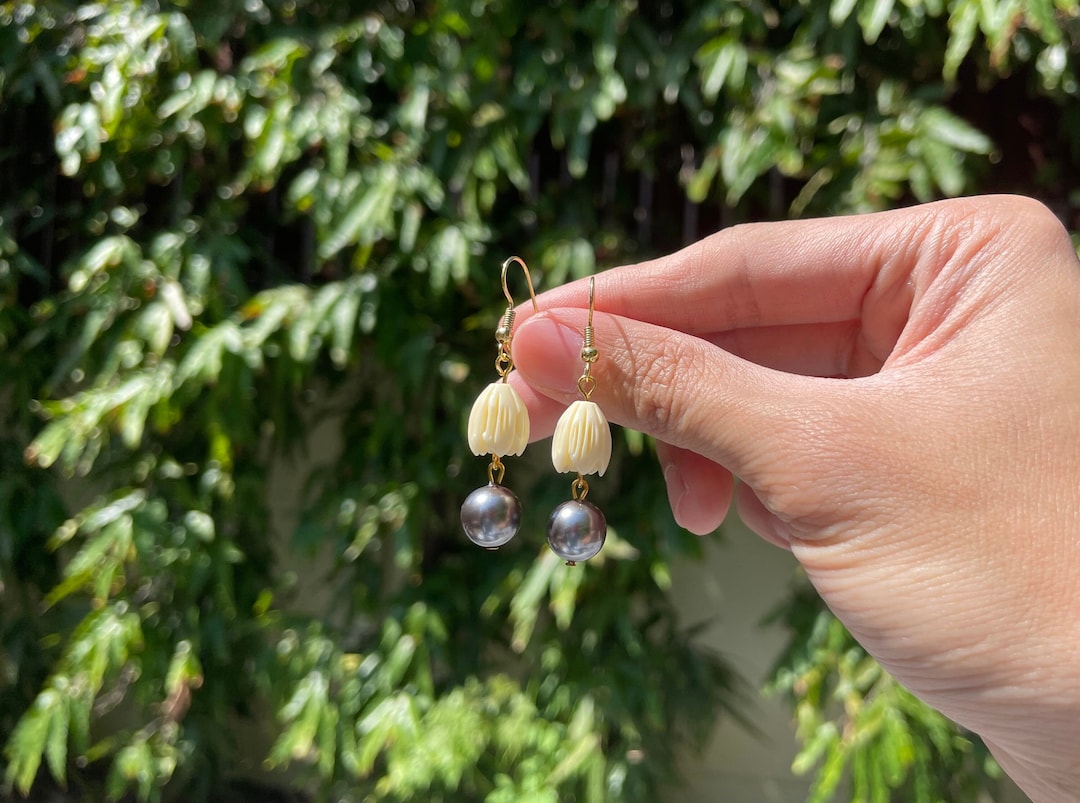 Pikake Earrings Flower, Hand Crafted Cute Pearl Dangling Earrings ...