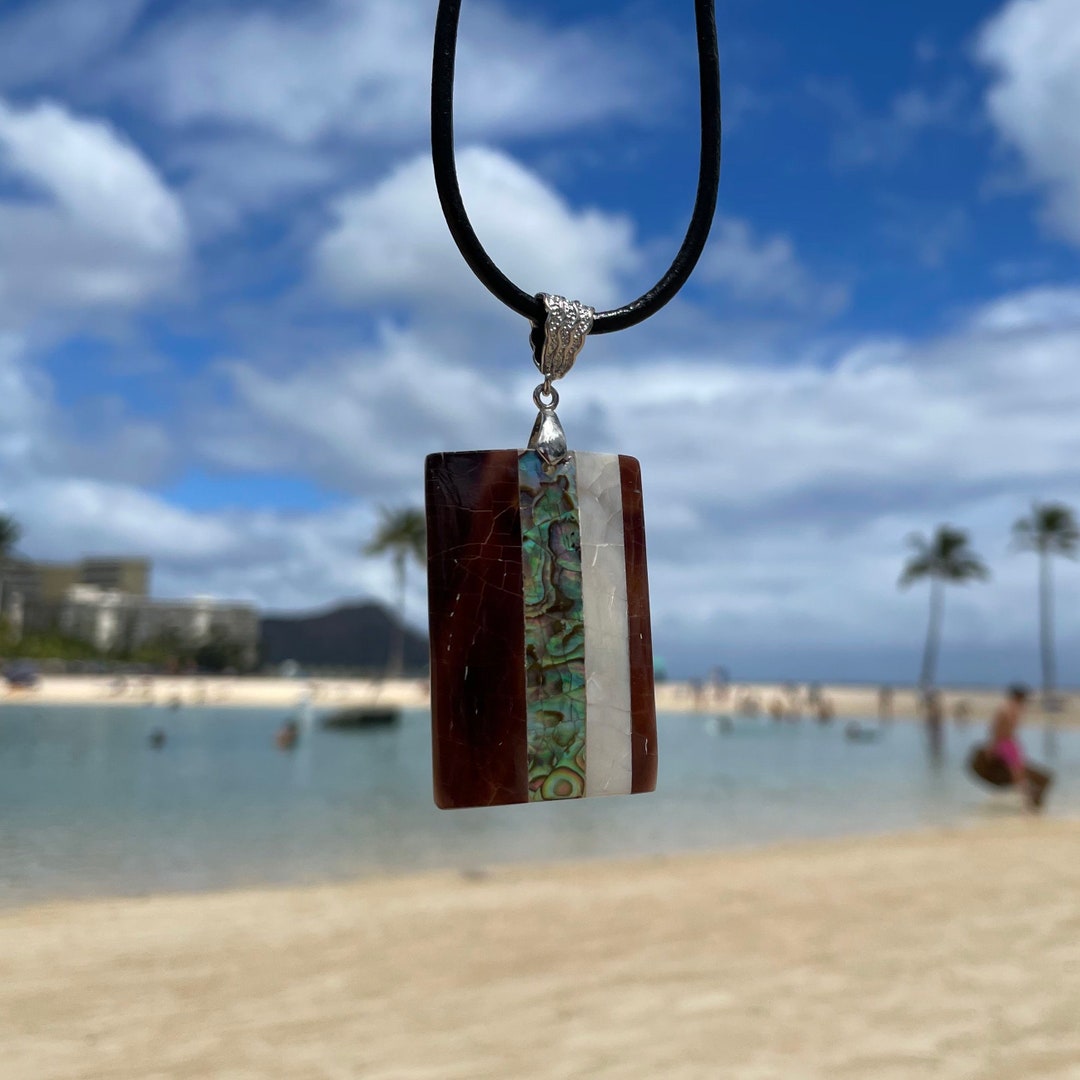 Mother of Pearl Shell Necklace - Black Leather Cord, Island Style ...