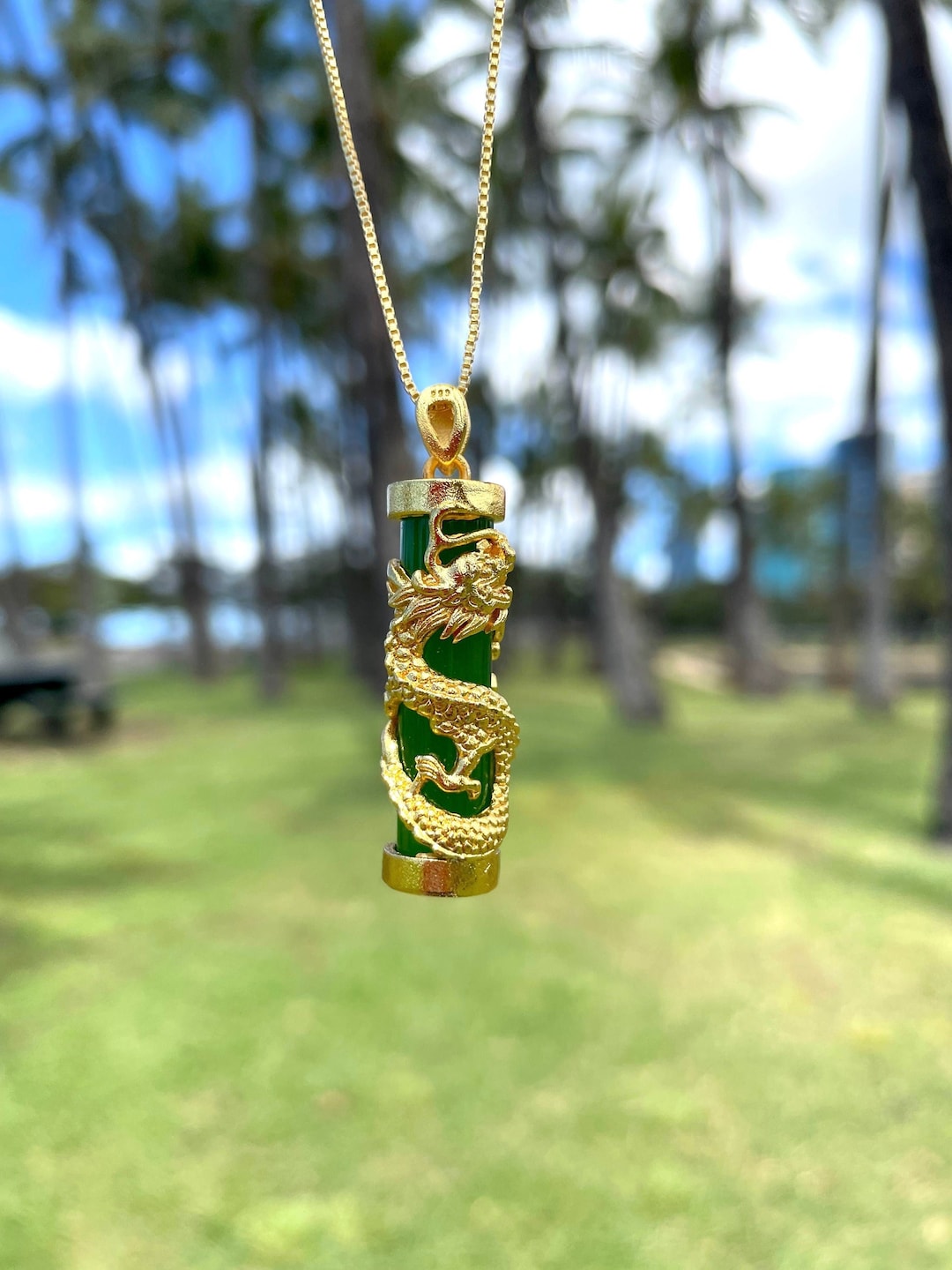 Lucky Jade Dragon Pendant Necklace - Golden Dragon Necklace, Year of ...
