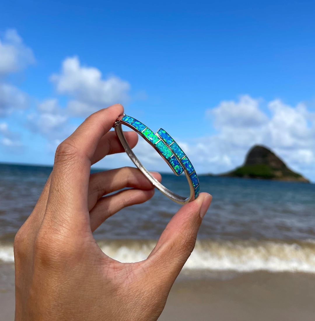 Blue Fire Opal Bangle With Box Clasp Closure/925 Sterling Silver ...