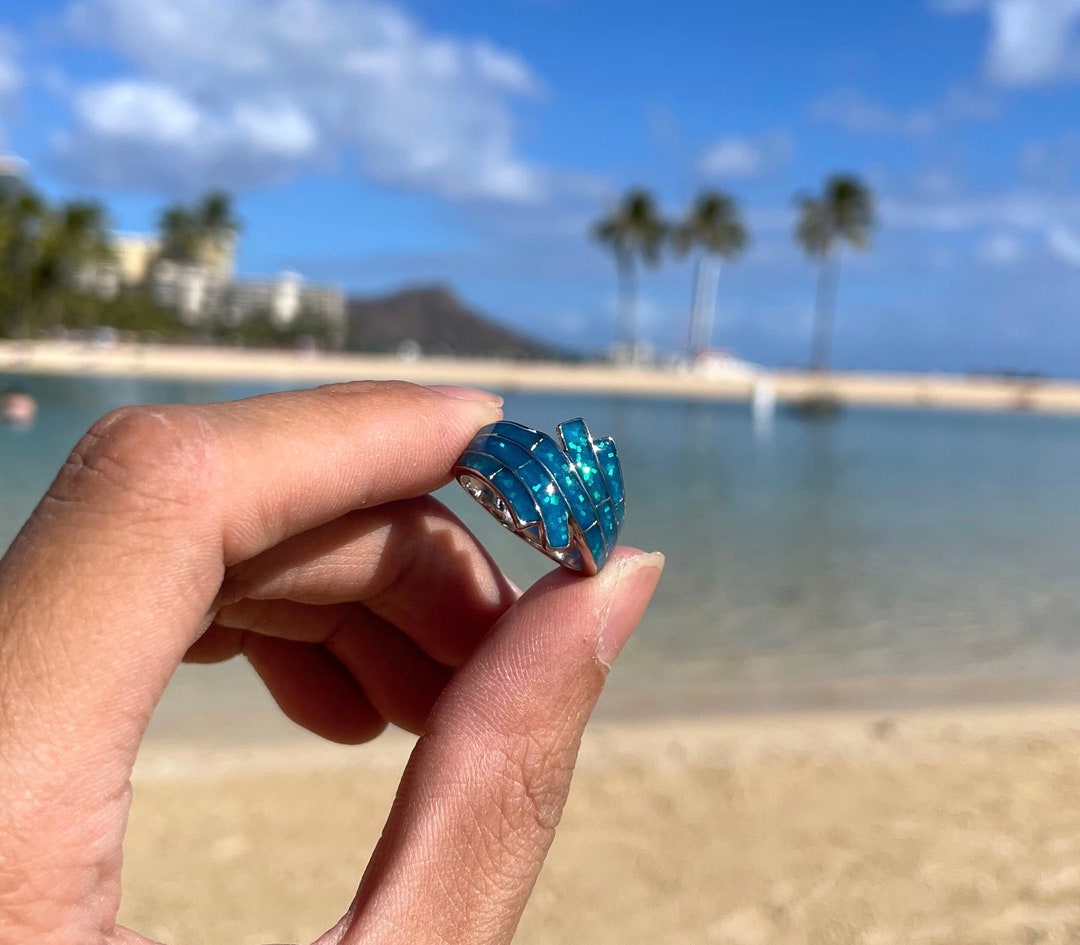 Blue Women's Ring, Sparkly Ocean Blue Ring, Curved Ring, Tarnish ...