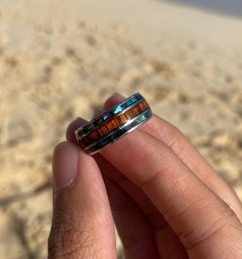 Natural Abalone and Koa Wood Ring Stainless Steel Tarnish - Etsy