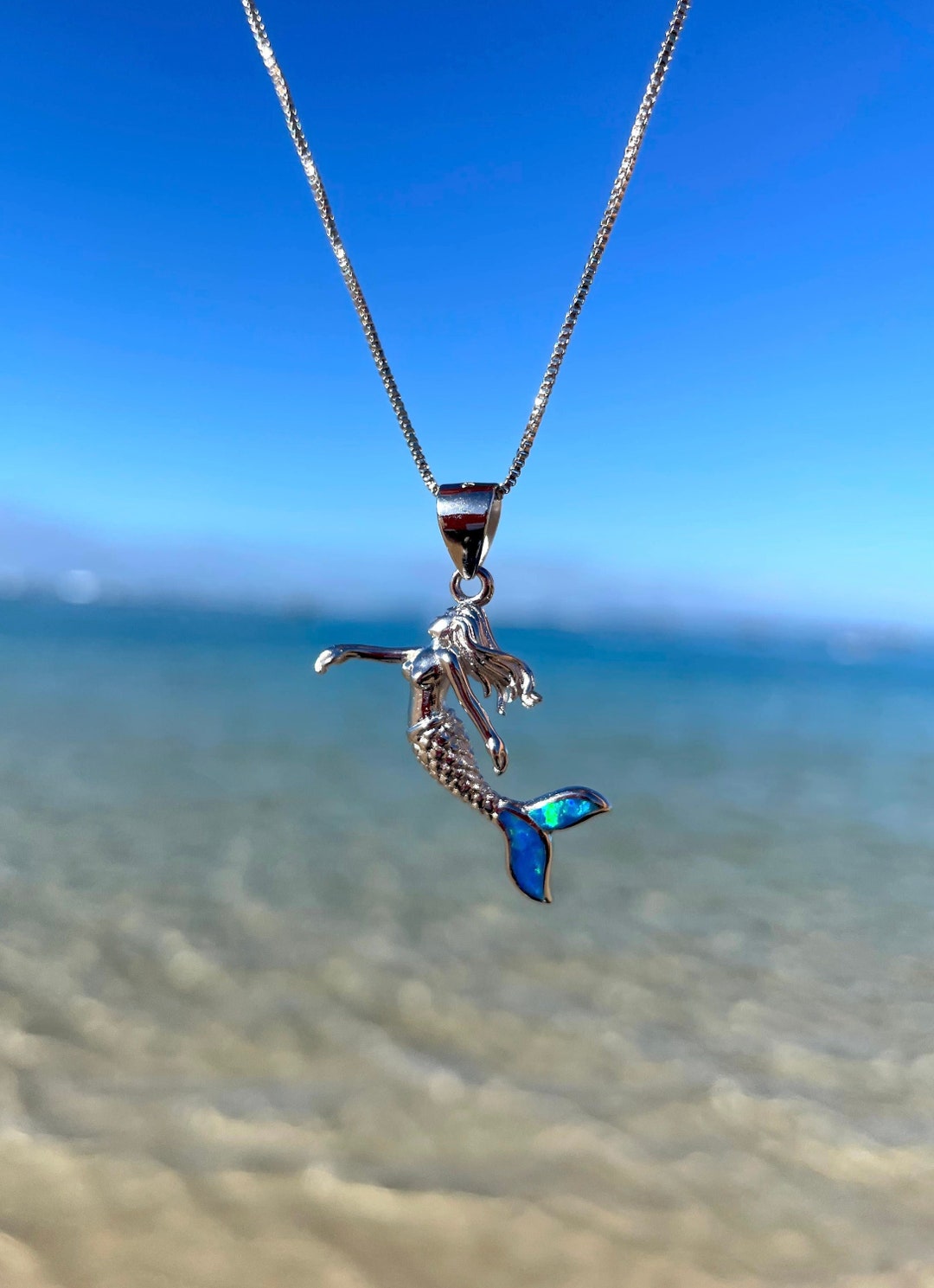 Mermaid Necklace - 925 Sterling Silver Fire Blue Opal Mermaid Necklace ...