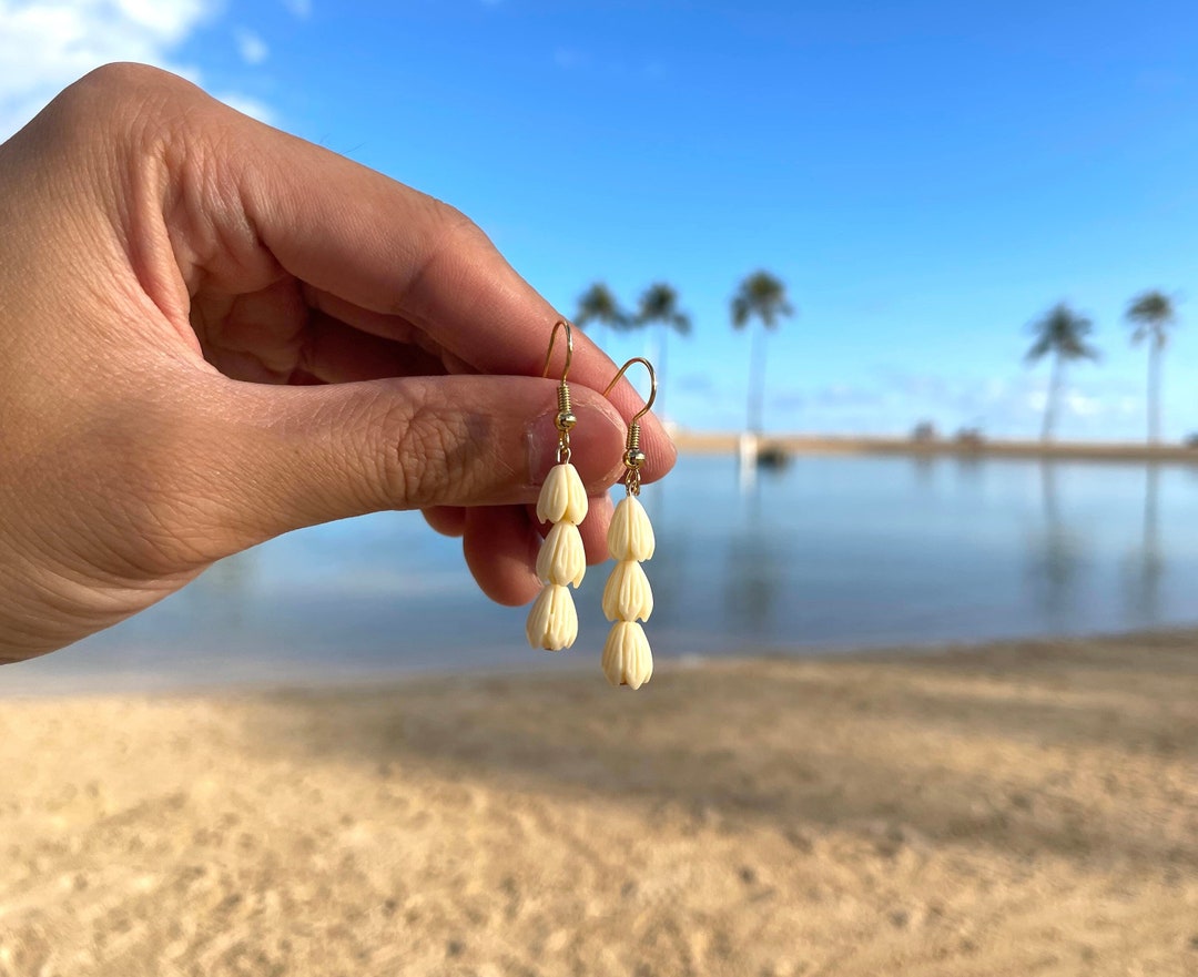 Gold Triple Pikake Earrings Flower Gold Dangling Earrings Hamilton Gold ...