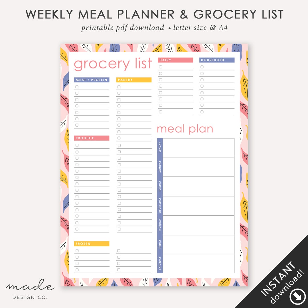 Printable Grocery List Meal Planner Shopping List A4 & Letter Sizes ...