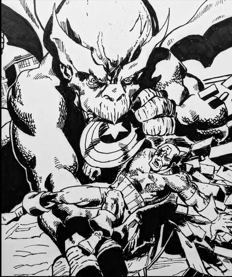 John Byrne Recreation of Captain America and Dragon Man, Pen and Ink ...