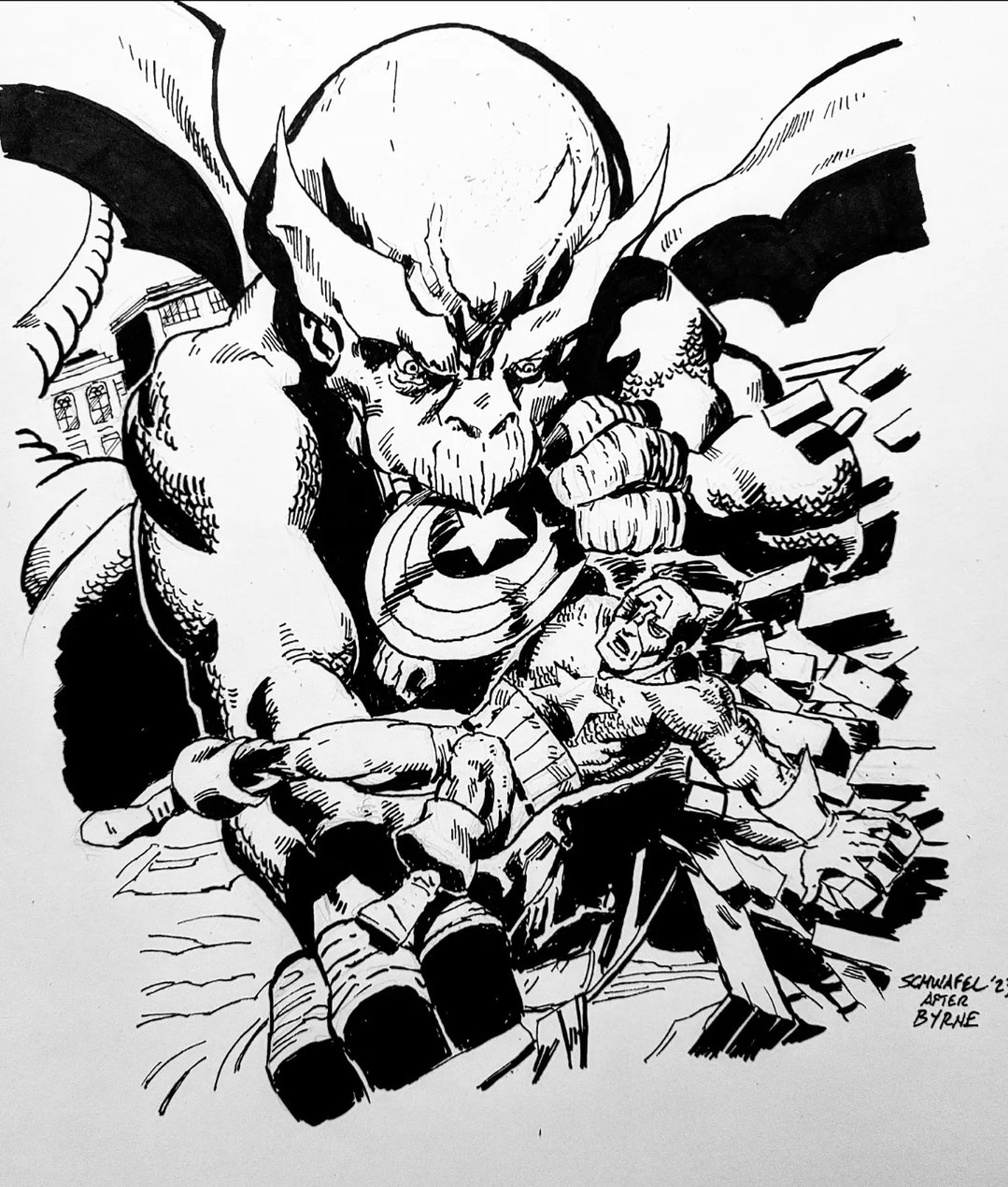 John Byrne Recreation of Captain America and Dragon Man, Pen and Ink ...