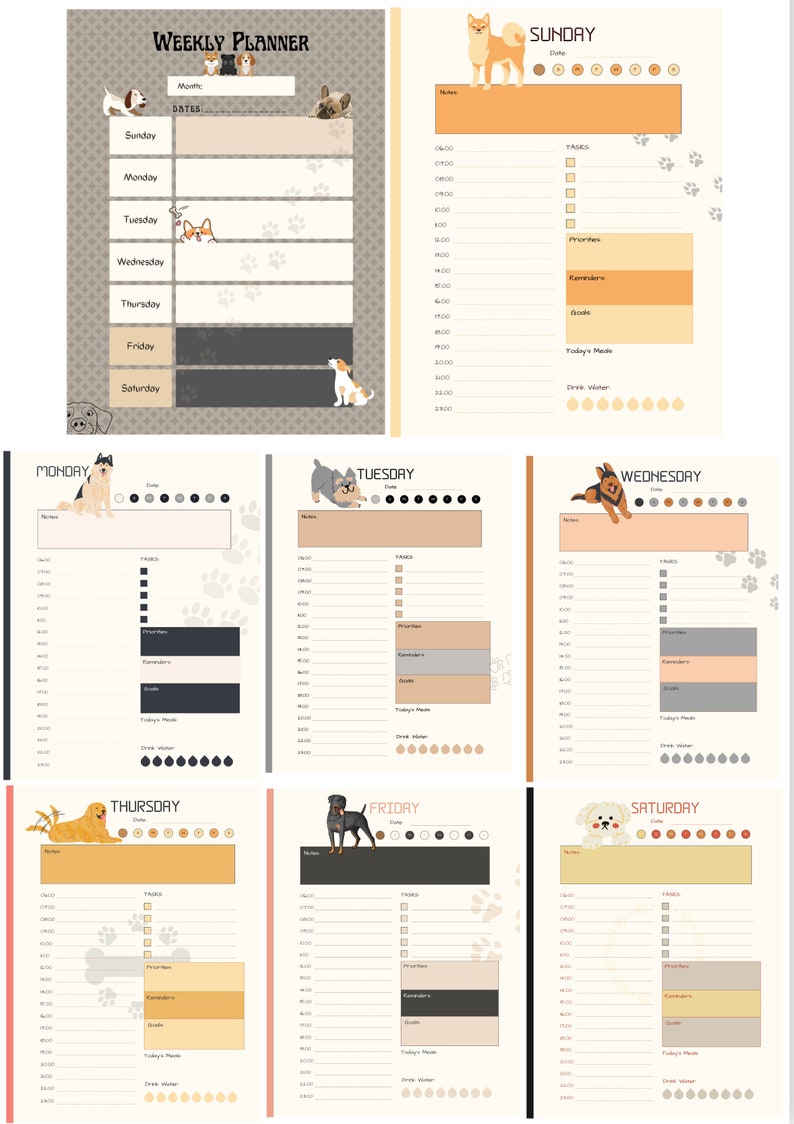 Cute Dogs Theme and Fun Weekly and Daily Planner: Digital Hyperlinked ...