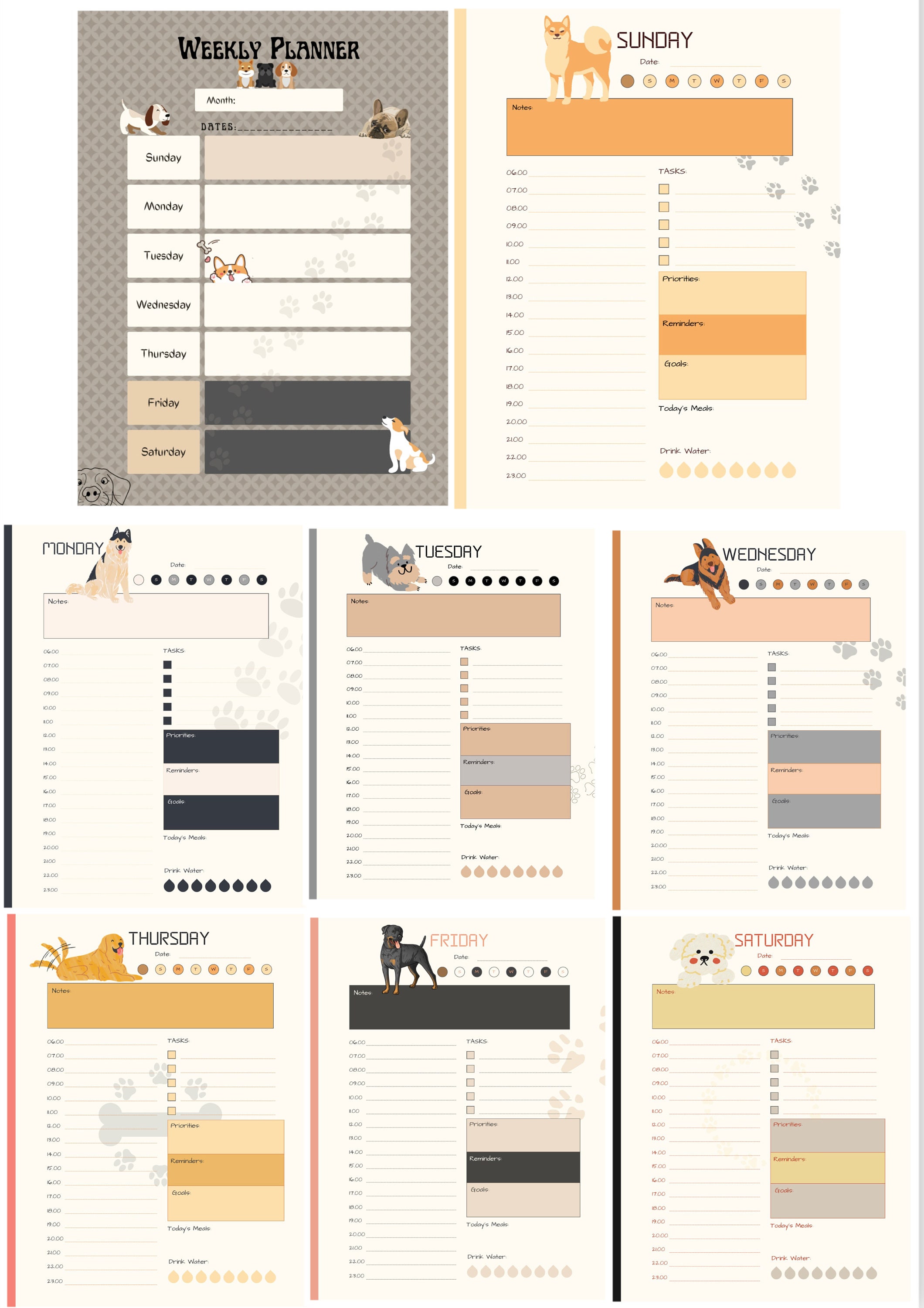 Cute Dogs Theme and Fun Weekly and Daily Planner: Digital Hyperlinked ...