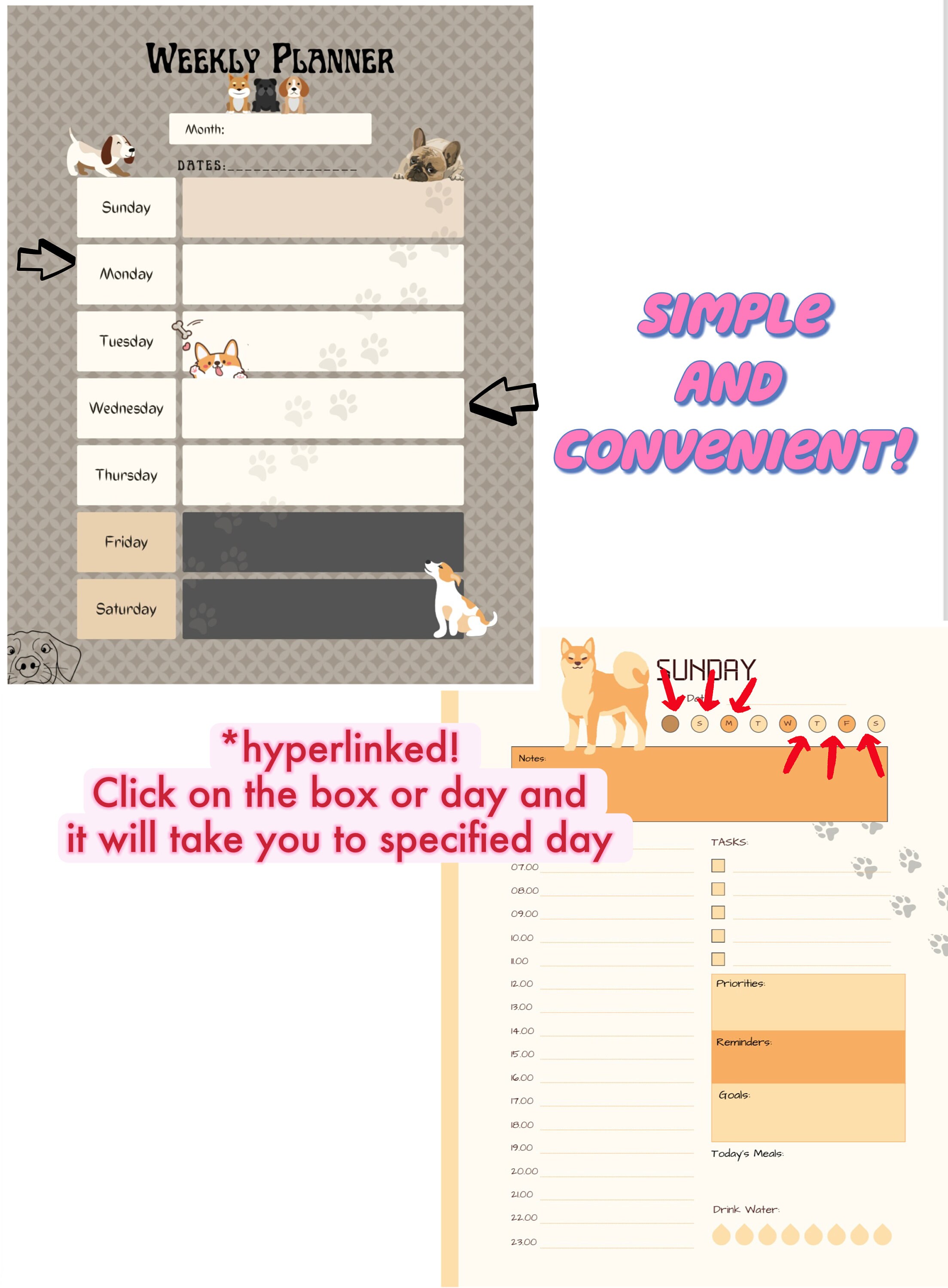 Cute Dogs Theme and Fun Weekly and Daily Planner: Digital Hyperlinked ...