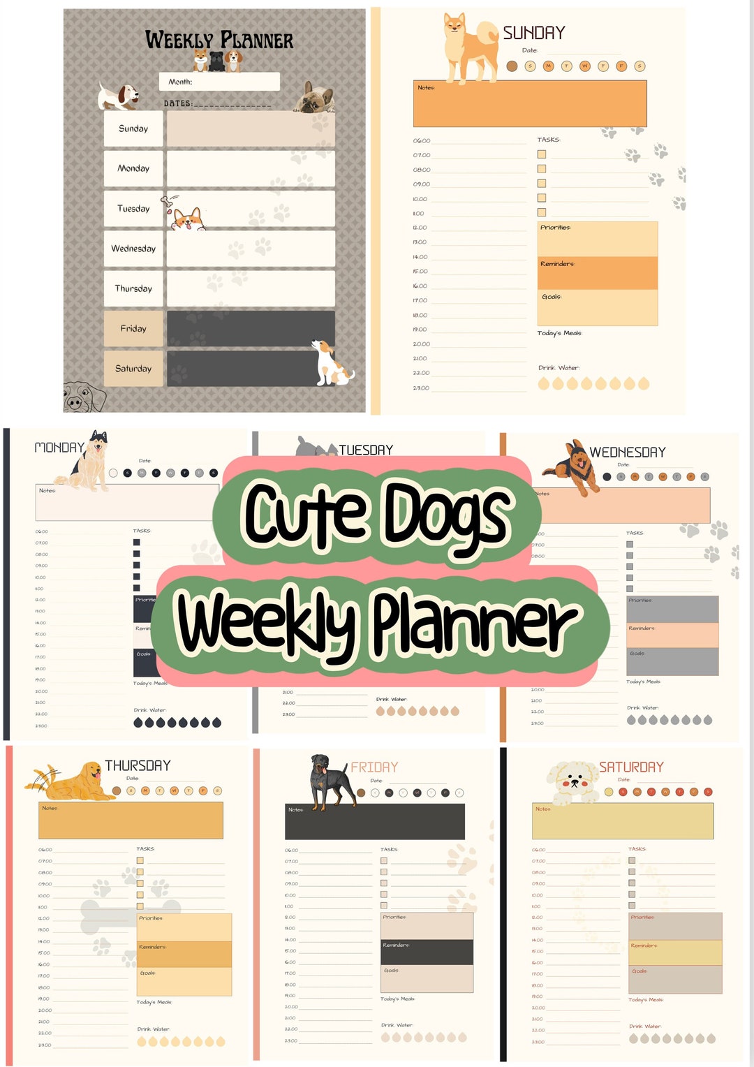 Cute Dogs Theme and Fun Weekly and Daily Planner: Digital Hyperlinked ...