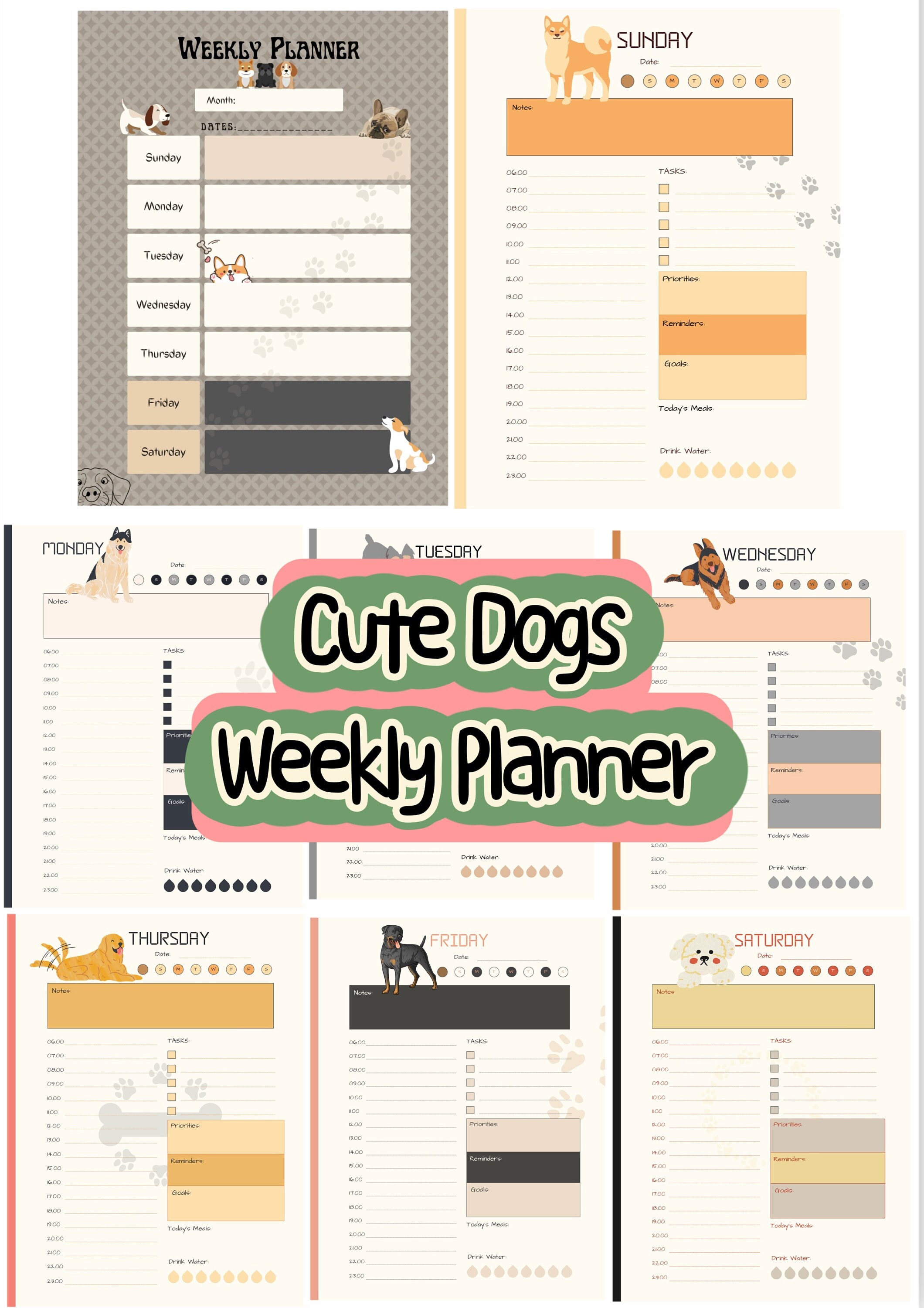 Cute Dogs Theme and Fun Weekly and Daily Planner: Digital Hyperlinked ...