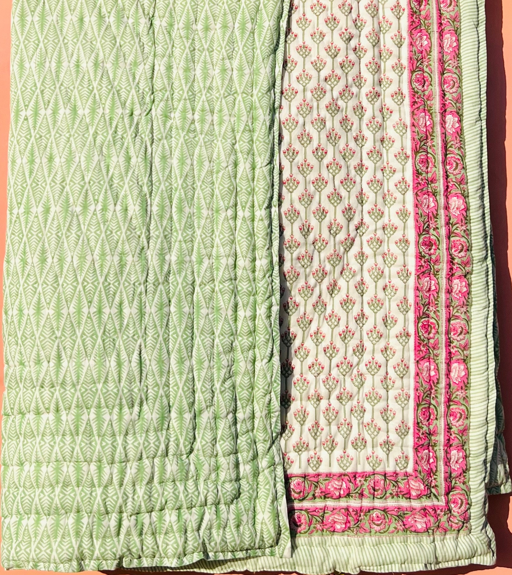 Jaipuri Block Print Cotton Quilt: Reversible Floral Bedspread - Etsy