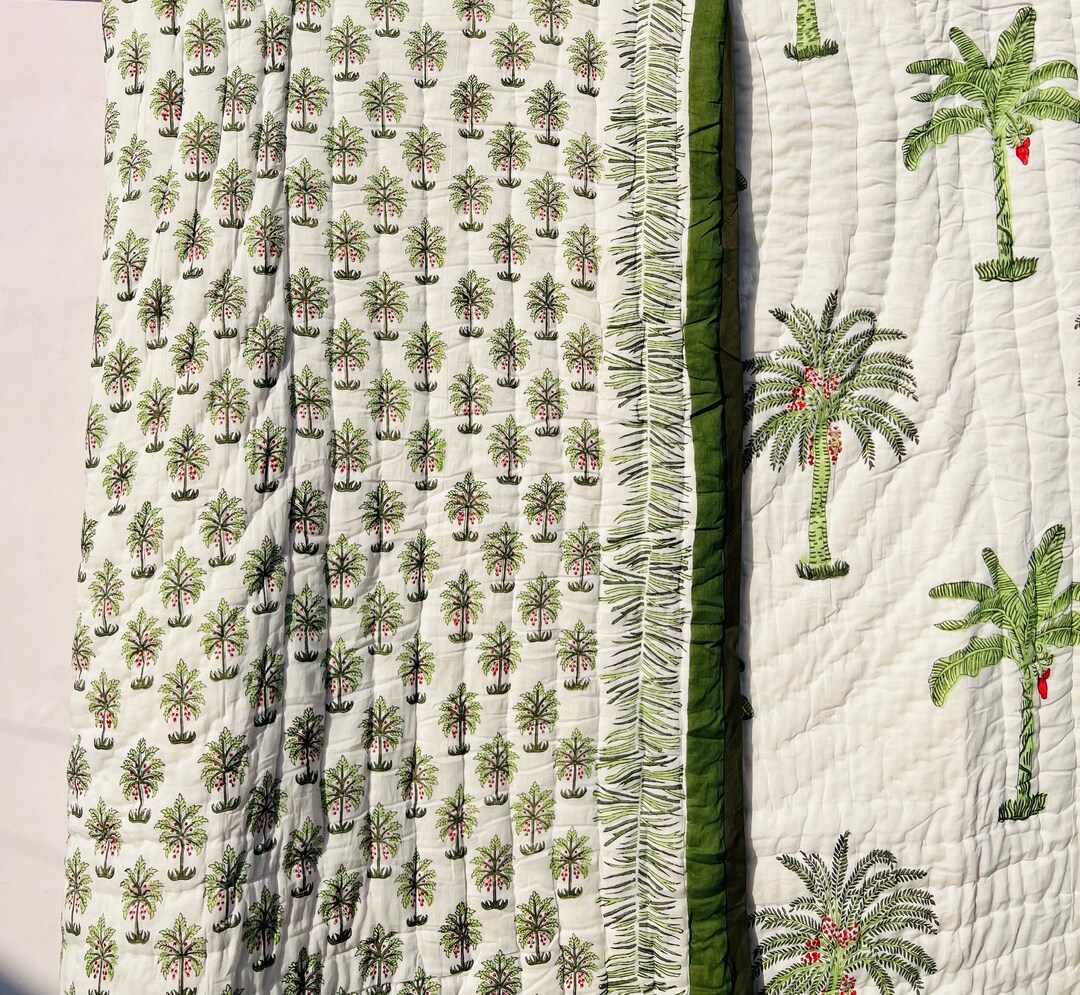 Handmade Jaipuri Palm Tree Quilt: Reversible Block Print Cotton Razai ...
