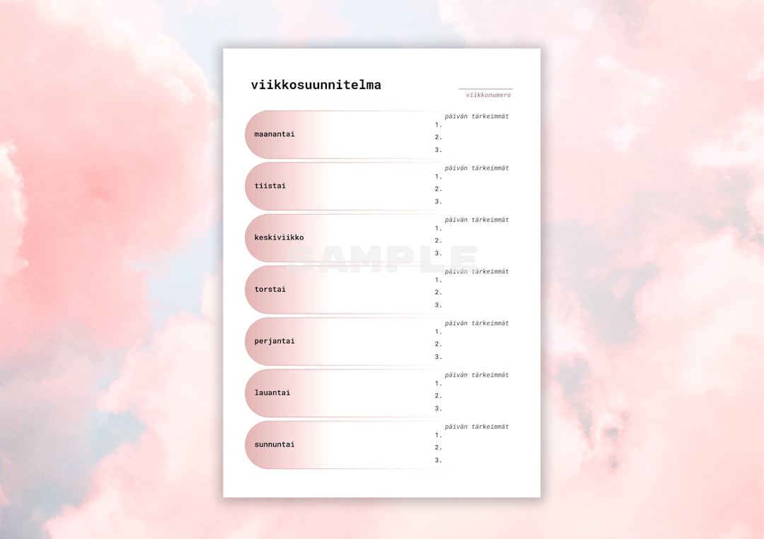 Viikkosuunnitelma Tulostettava Pohja Suomeksi PDF JPG A4 - Etsy