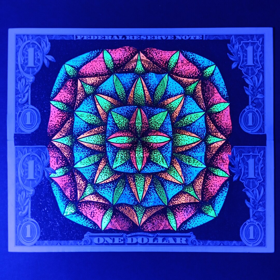 Neon Mandala Money Art Drawing Genuine 1 Dollar Bill Signed by BEAR Dot ...