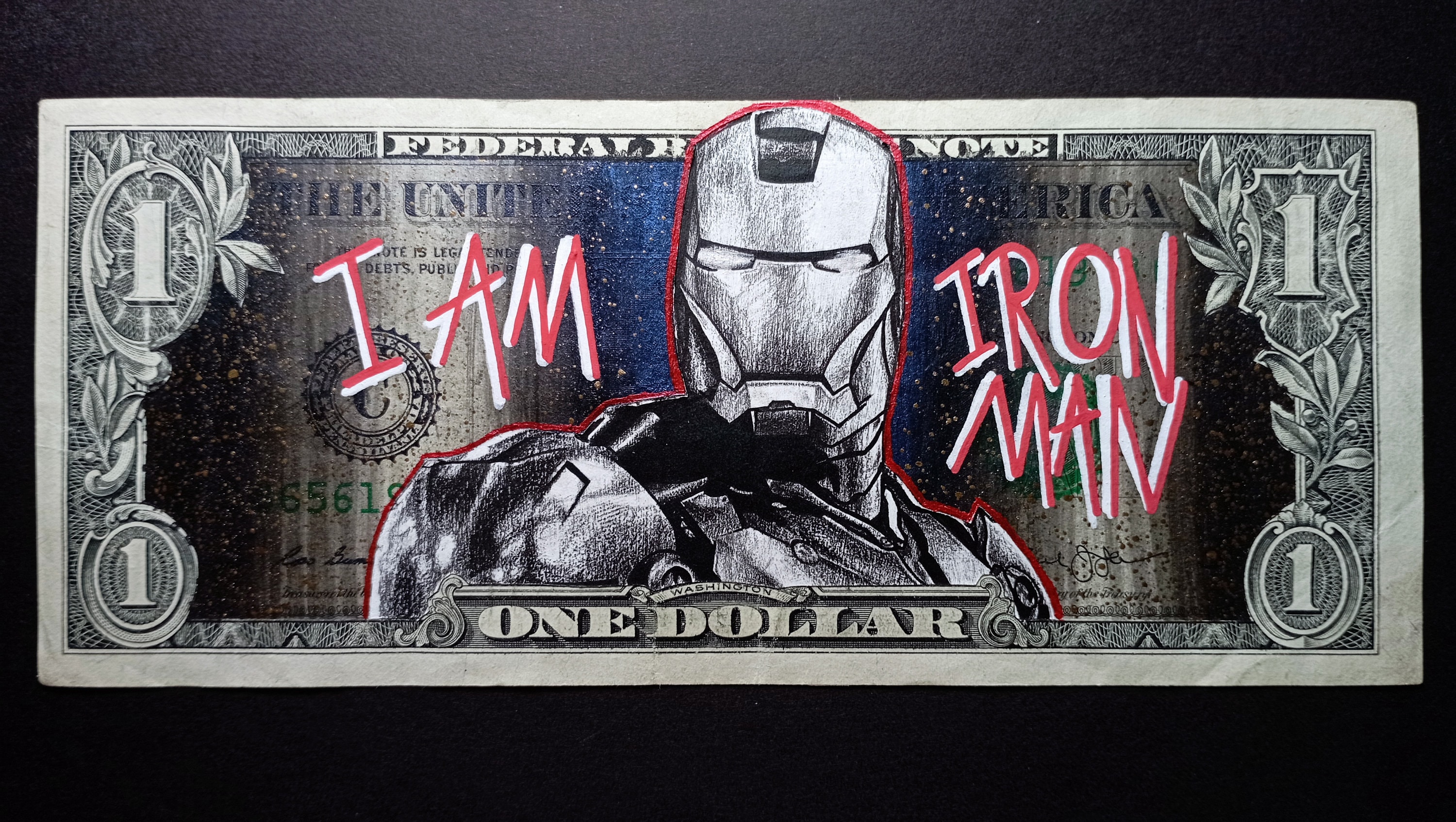Iron Man Money Art Drawing Genuine 1 Dollar Bill Signed by BEAR Movie ...