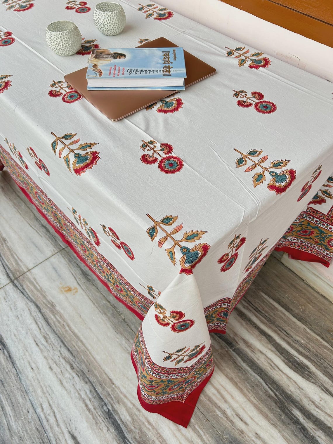 Indian Block Print Rectangle Table Cover, Modern Floral Decor Cotton ...