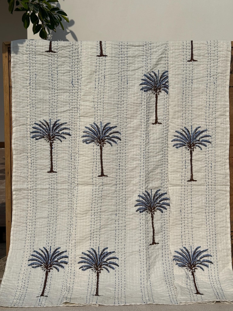 Hand Stitch Block Printed Queen Kantha Quilt, Palm Tree Bed Throw ...