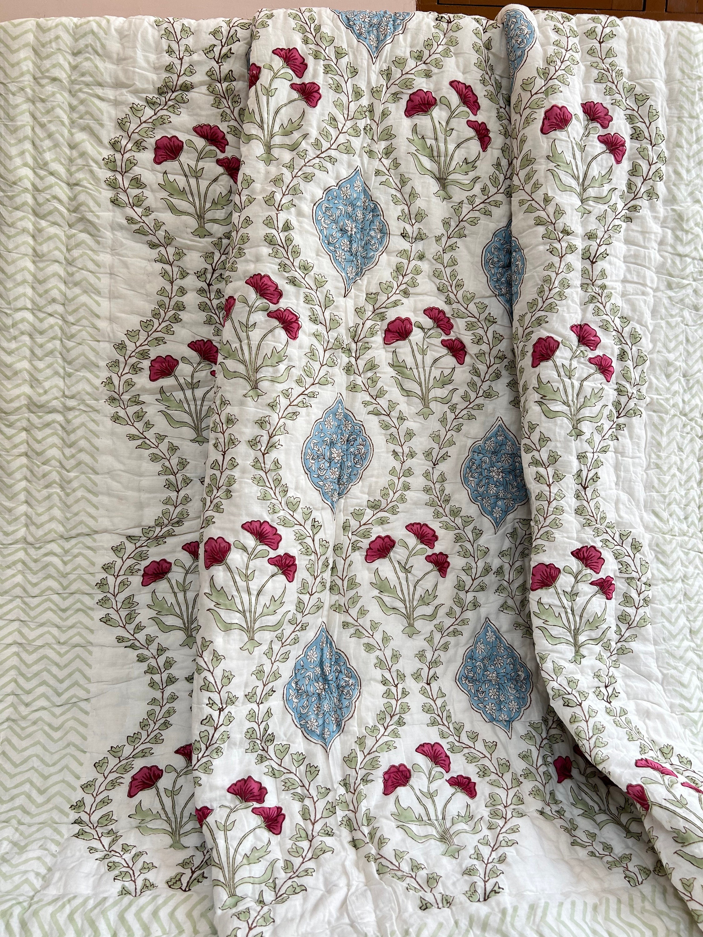 Handmade Queen Cotton Quilt: Floral Block Print Bedspread - Etsy UK
