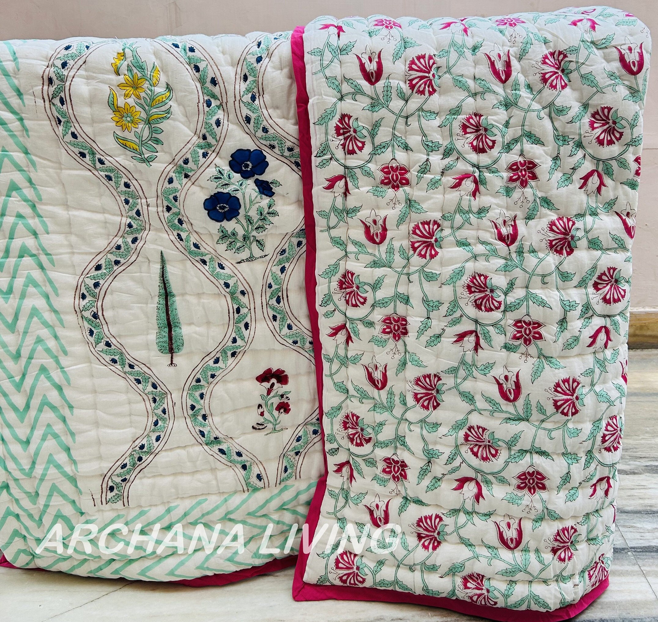 Hand Block Print Quilt Floral Dark Base, Soft Quality Quilt Ultra Warm ...