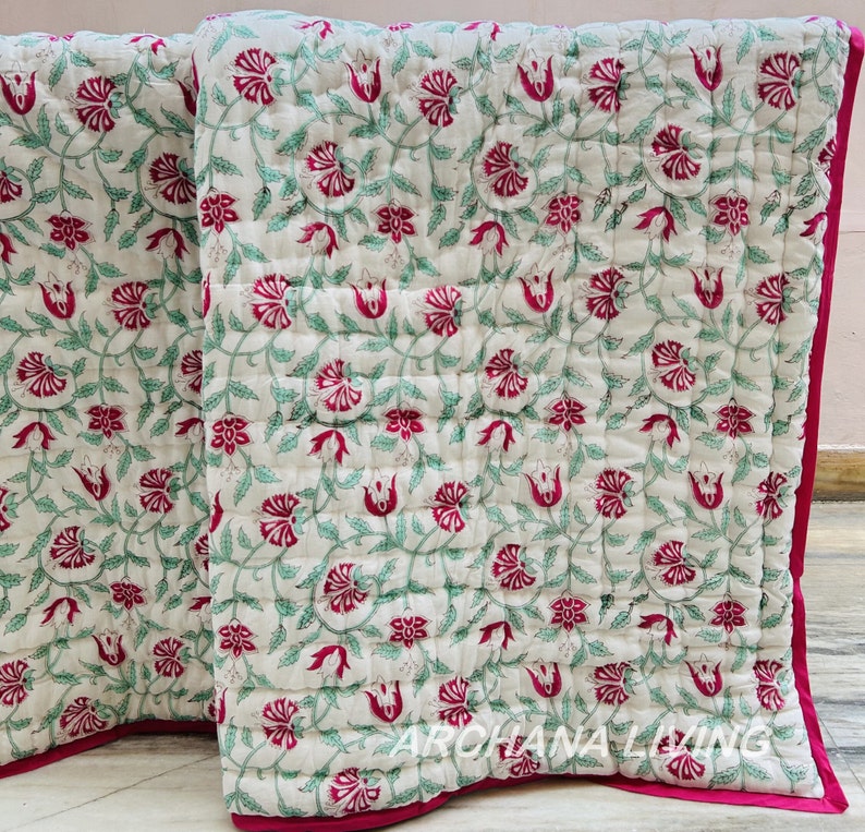 Hand Block Print Quilt Floral Dark Base, Soft Quality Quilt Ultra Warm ...