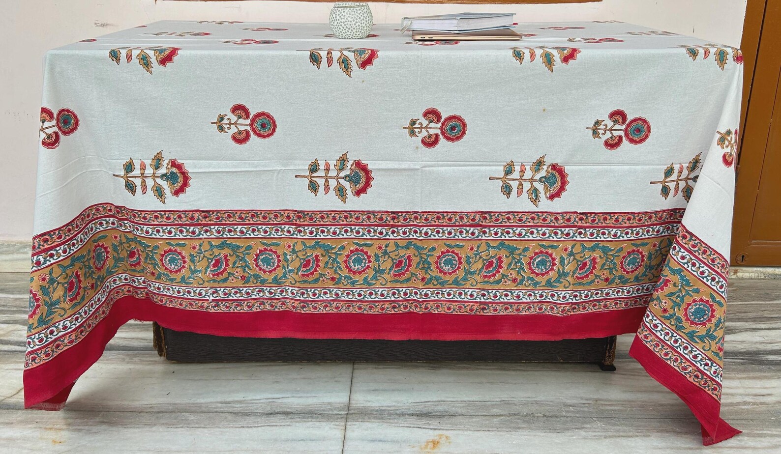 Indian Block Print Rectangle Table Cover, Modern Floral Decor Cotton ...