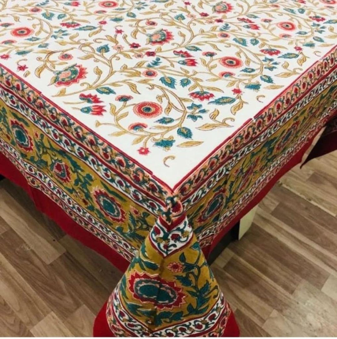 Indian Red Table Cloth, Hand Block Printed Table Cloth, Block Print ...