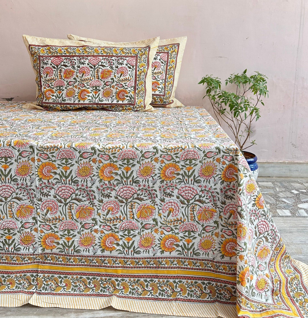 Handmade Indian Block Print Cotton Bedding Set: Floral Bedspread - Etsy