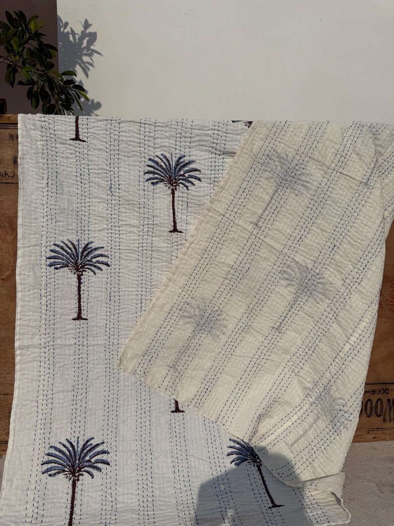 Hand Stitch Block Printed Queen Kantha Quilt, Palm Tree Bed Throw ...