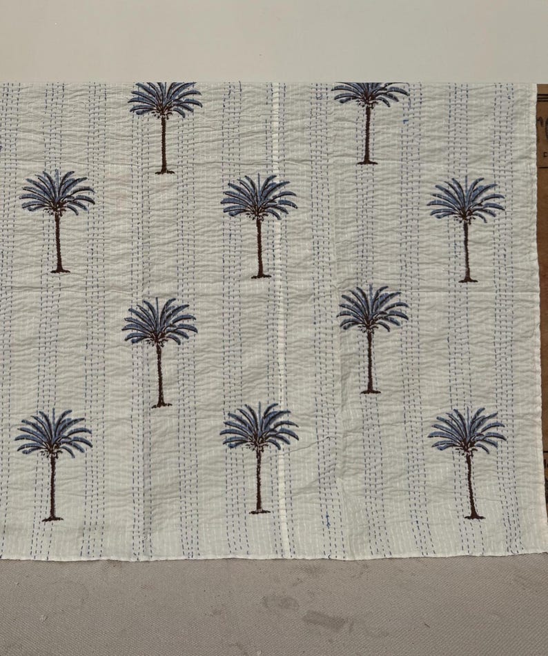 Hand Stitch Block Printed Queen Kantha Quilt, Palm Tree Bed Throw ...