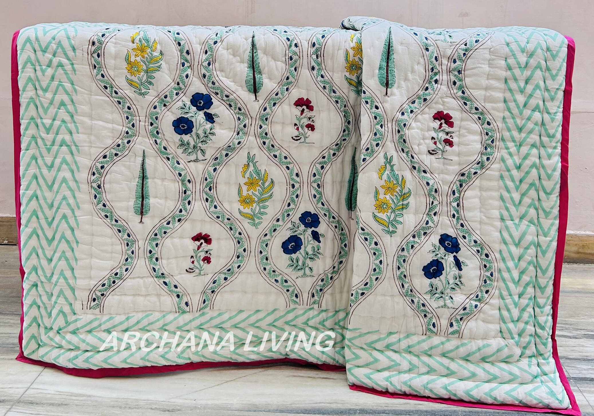 Hand Block Print Quilt Floral Dark Base, Soft Quality Quilt Ultra Warm ...