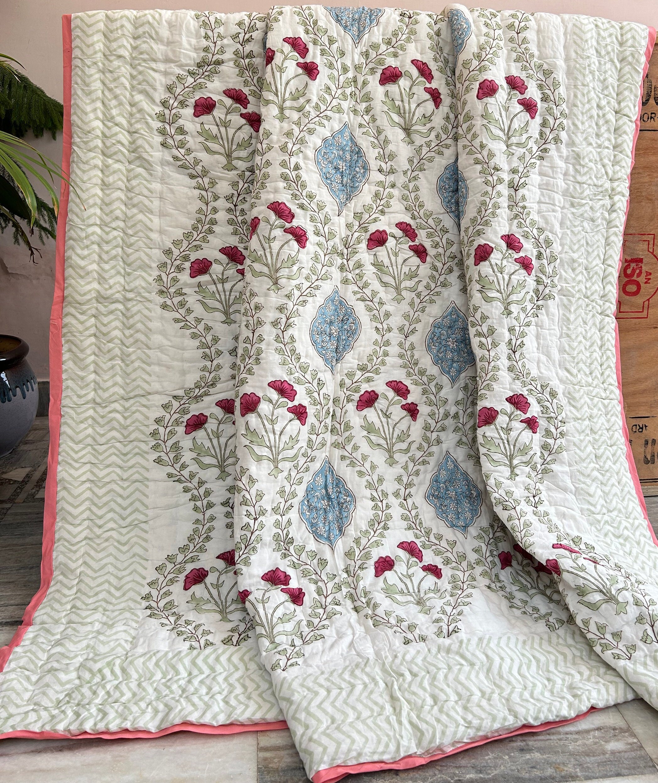 Handmade Queen Cotton Quilt: Floral Block Print Bedspread - Etsy