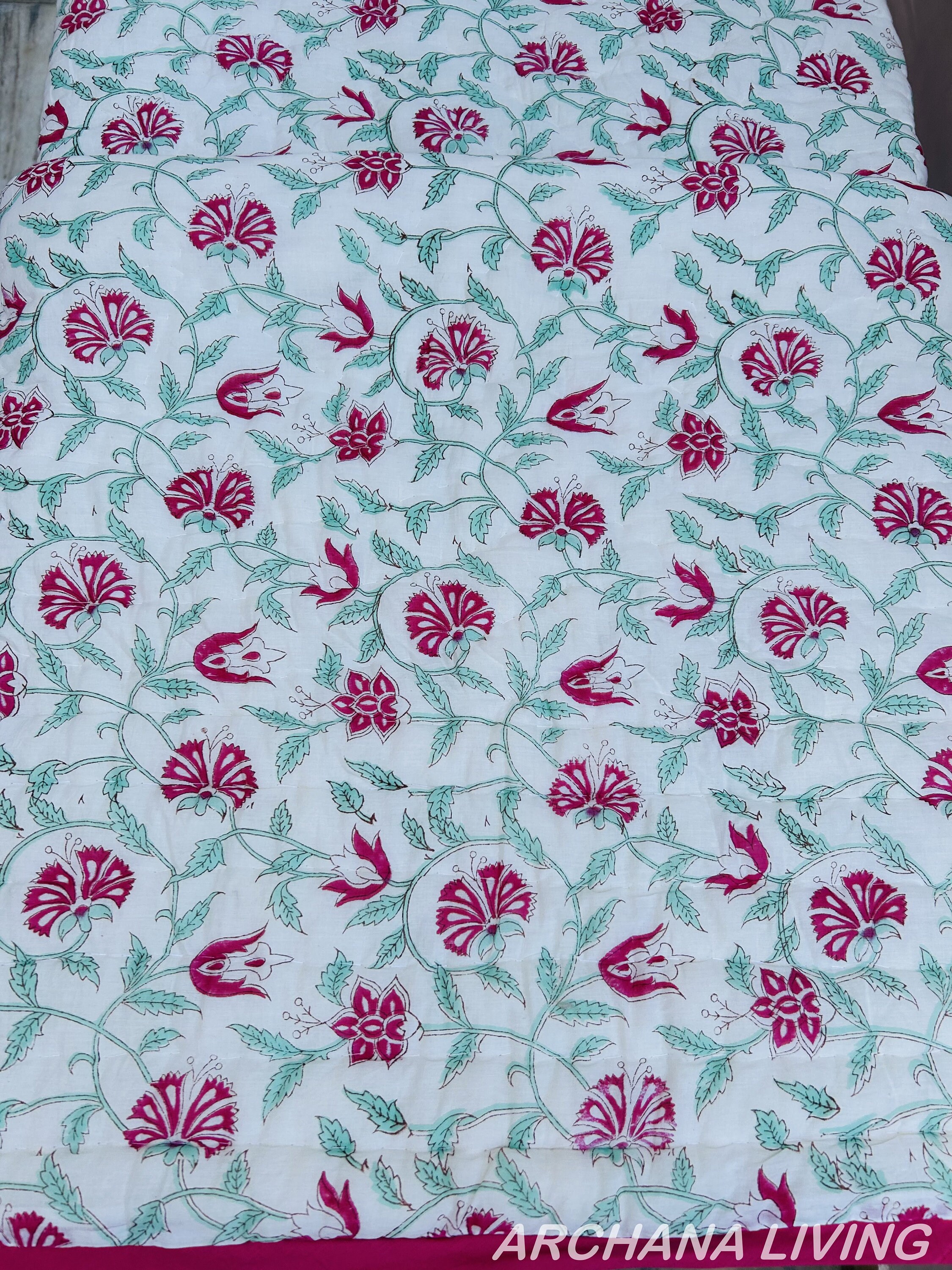 Hand Block Print Quilt Floral Dark Base, Soft Quality Quilt Ultra Warm ...