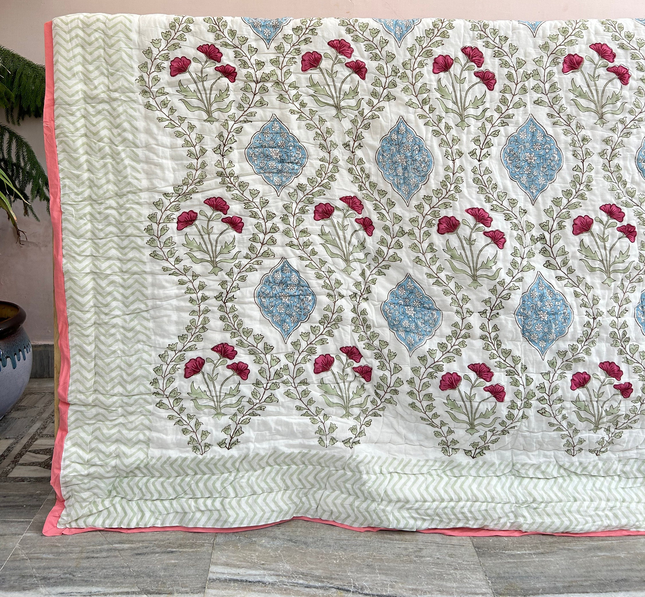 Handmade Queen Cotton Quilt: Floral Block Print Bedspread - Etsy UK