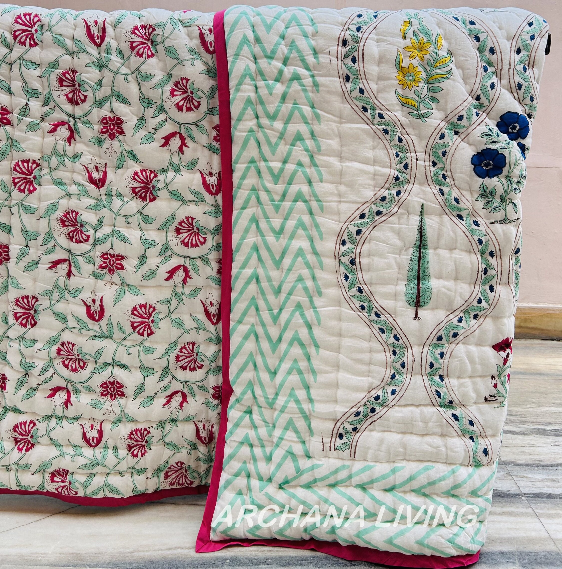Hand Block Print Quilt Floral Dark Base, Soft Quality Quilt Ultra Warm ...