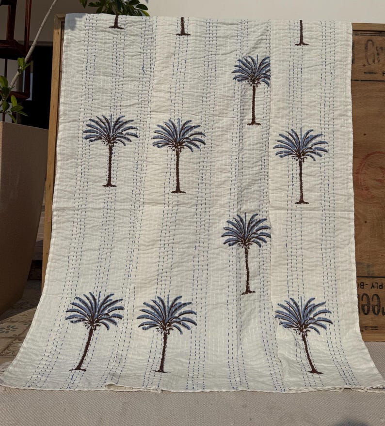 Hand Stitch Block Printed Queen Kantha Quilt, Palm Tree Bed Throw ...