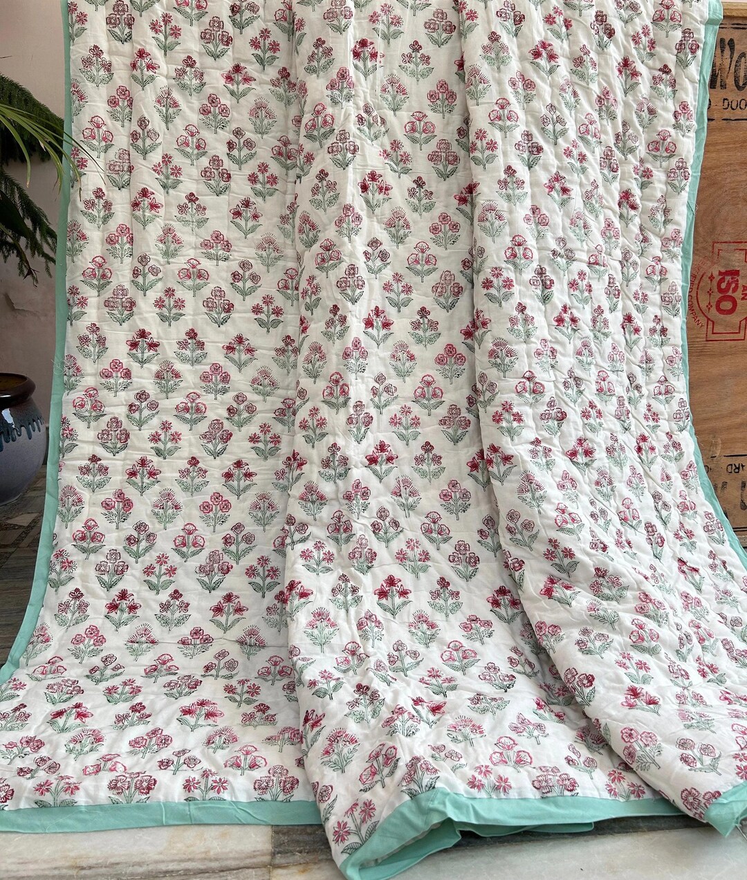 Indian Floral Block Print Quilt, Handmade Jaipuri Rajai, Queen Size ...