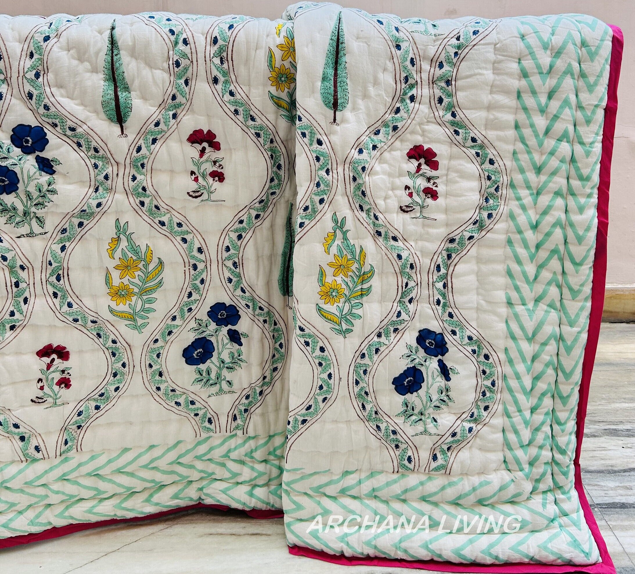 Hand Block Print Quilt Floral Dark Base, Soft Quality Quilt Ultra Warm ...
