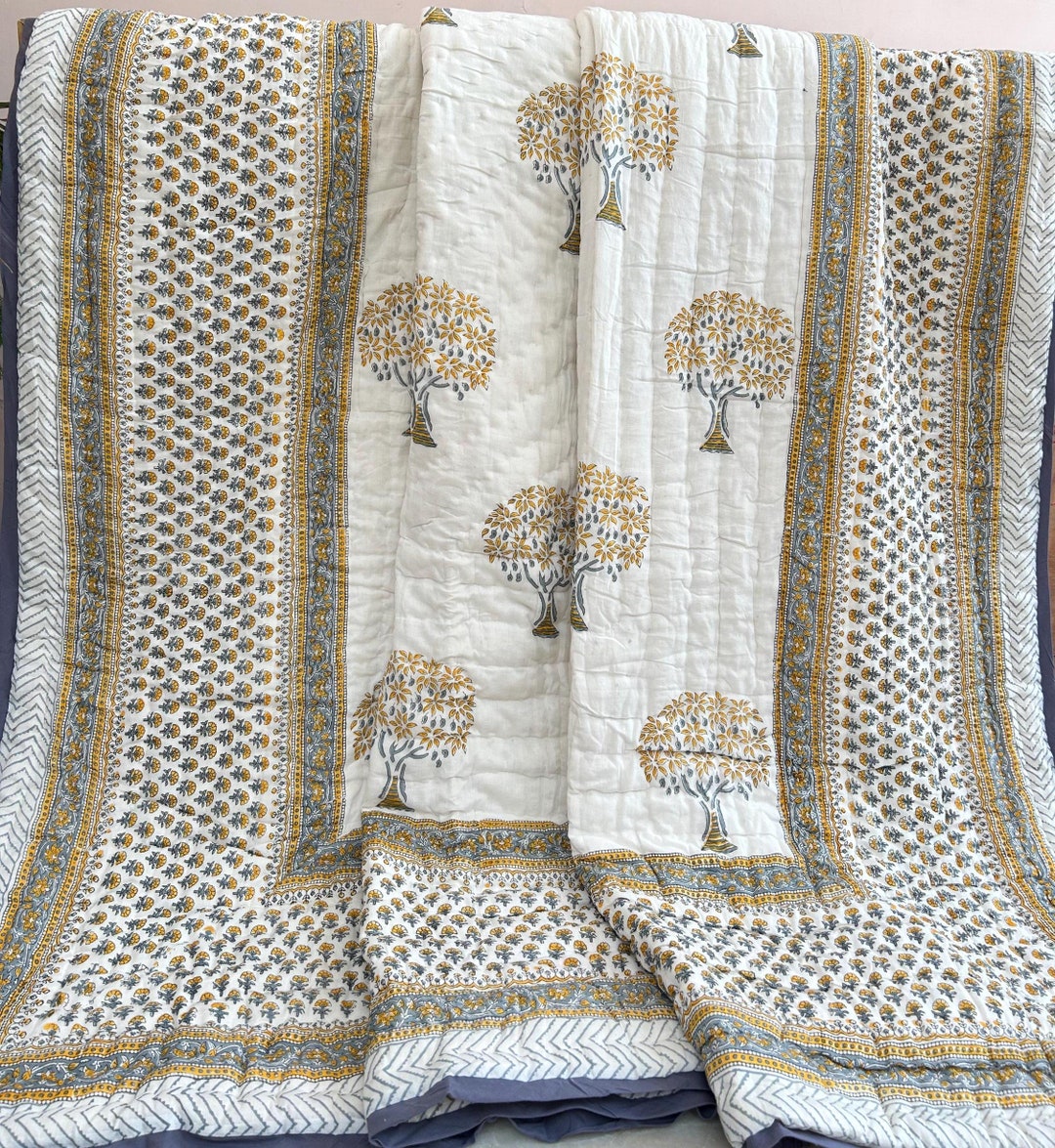 Indian Quilt, Block Print Quilt Bedspread, Bohemian Boho Cotton Blanket ...