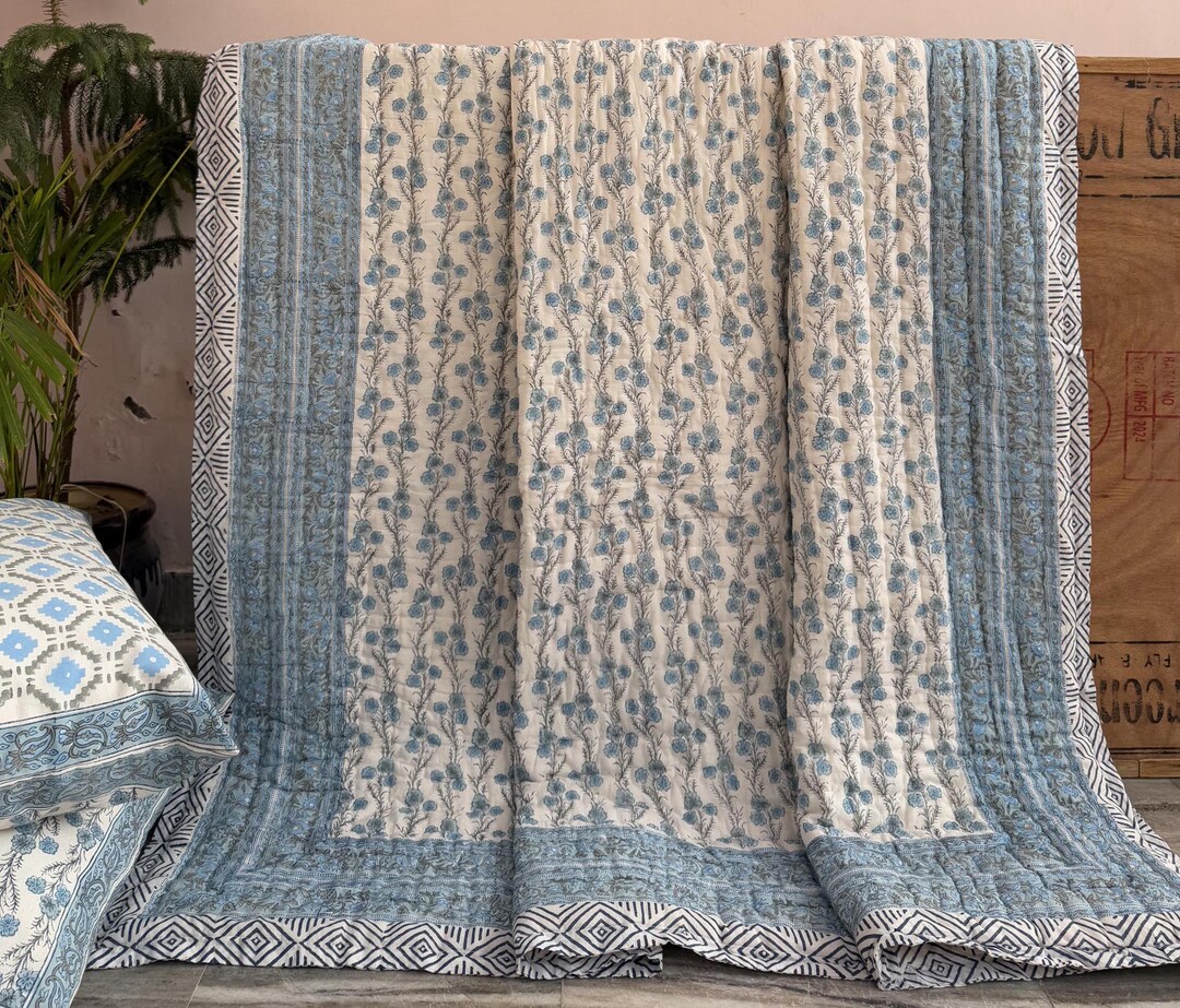 Reversible Block Printed Floral Quilt, Indian Soft Cotton Quilted ...