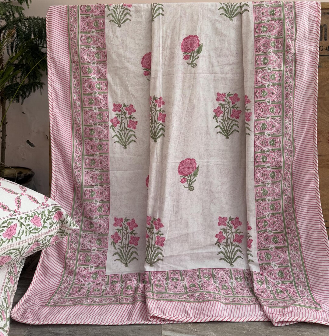 Hand Block Printed Cotton Dohar Quilt: Floral Indian Bedding, Queen ...