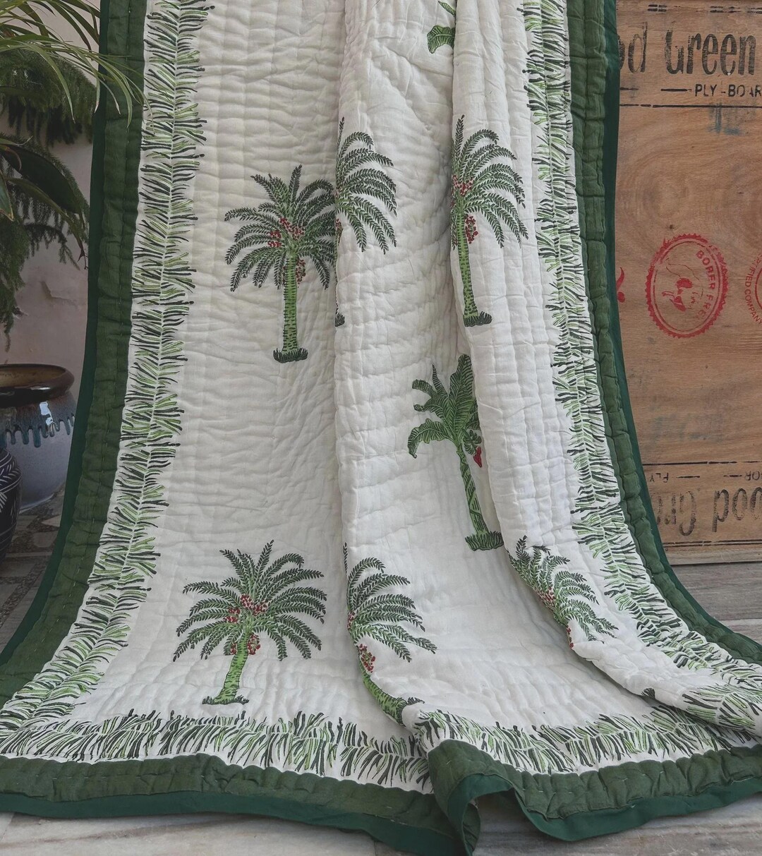 Queen Size Block Print Palm Tree Quilt, Reversible Soft Cotton Indian ...