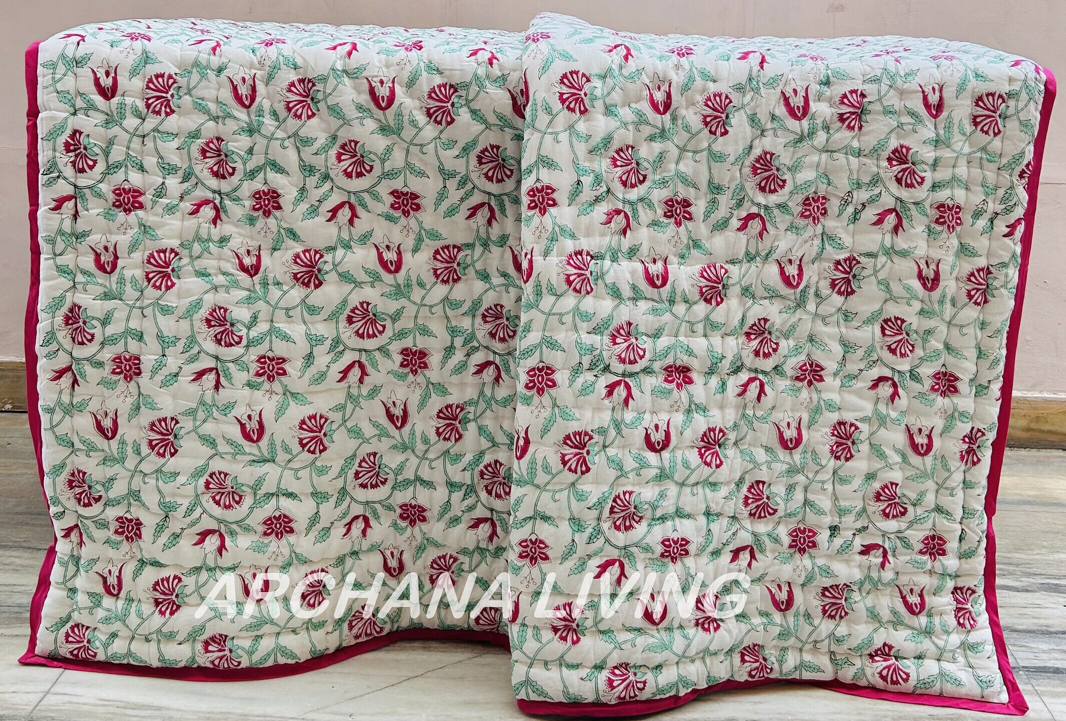 Hand Block Print Quilt Floral Dark Base, Soft Quality Quilt Ultra Warm ...